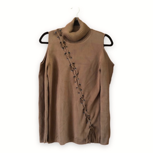 Anne Fontaine | Sweaters | Anne Fontaine Edora Caramel Brown Cold Shoulder Lace Up Turtleneck ...
